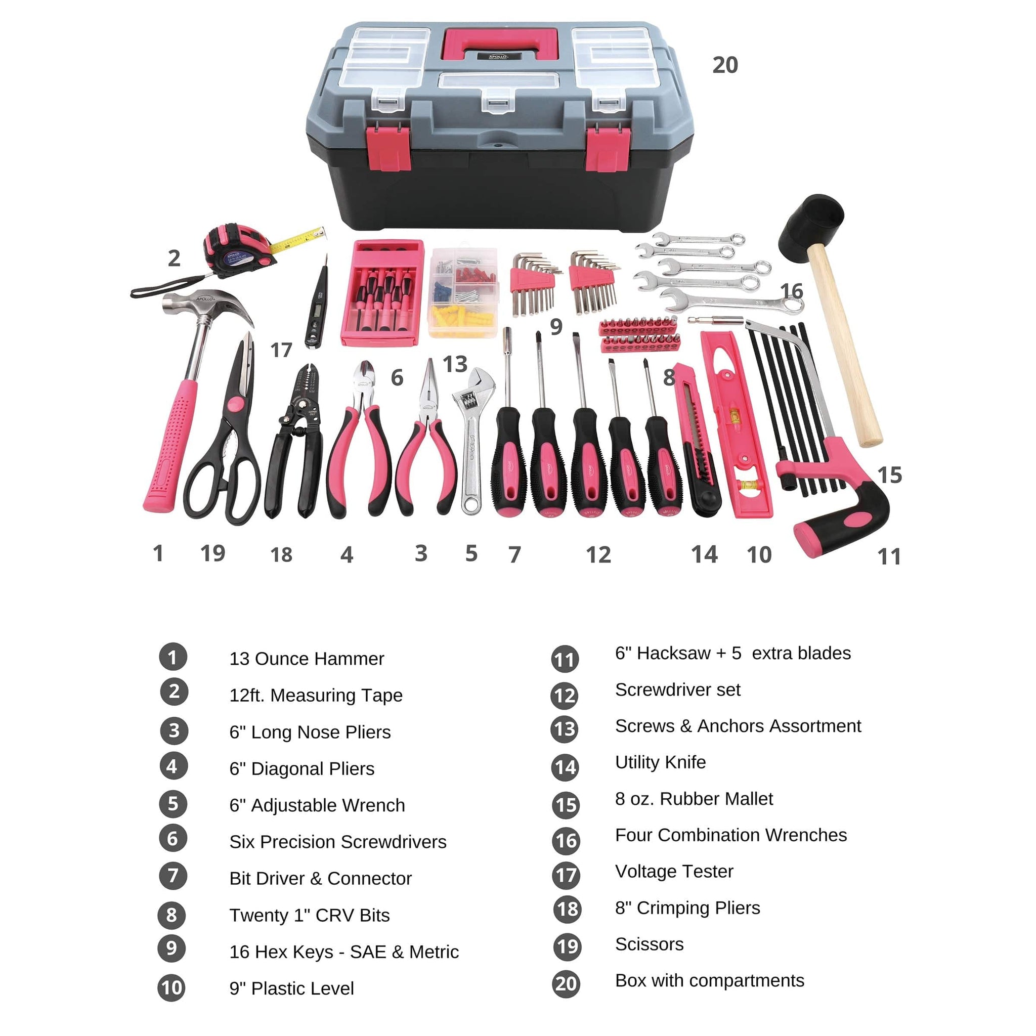Apollo Tools 170 pc Household Tool Kit with Tool Box Pink | Woodcraft