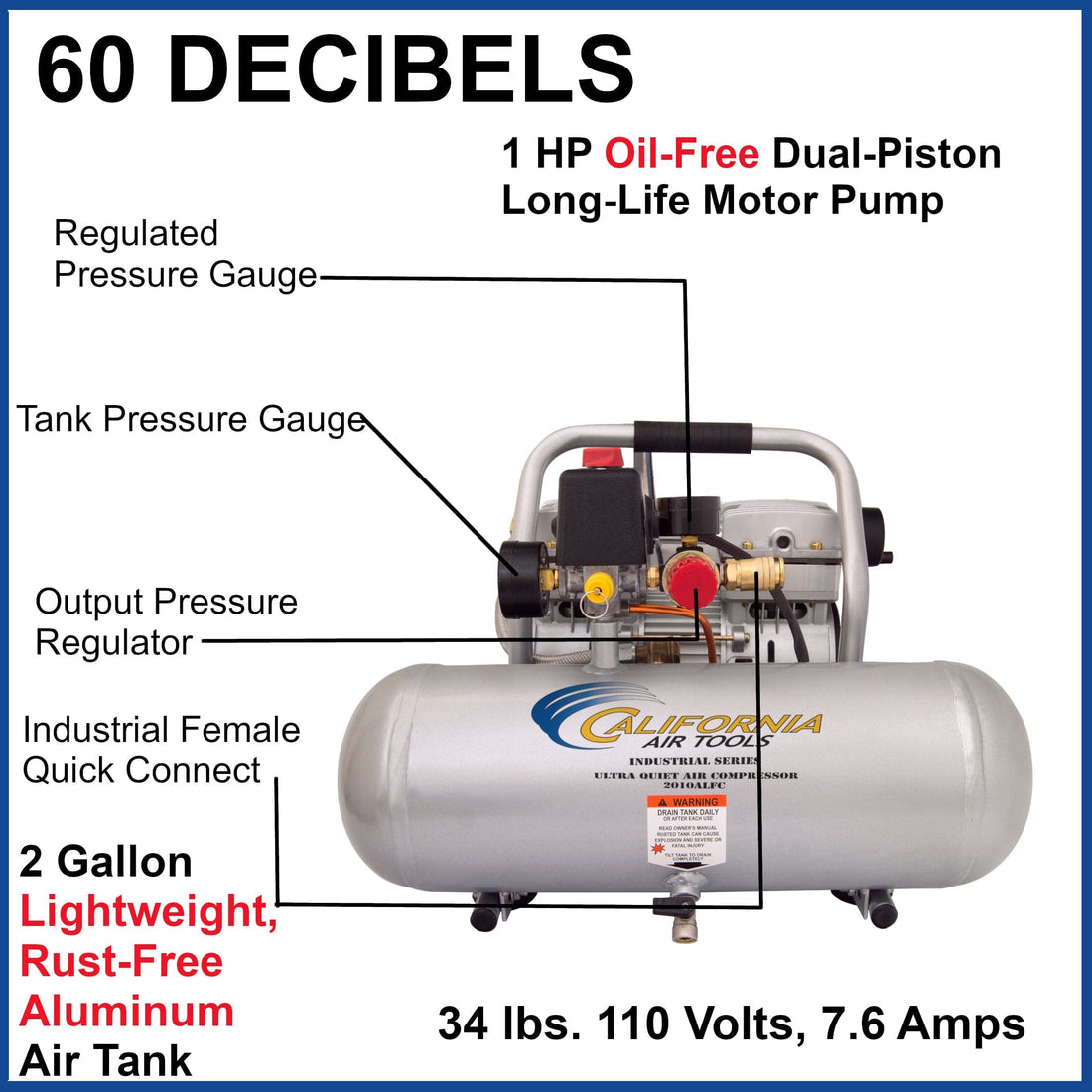 California Air Tools 2010ALFC Ultra Quiet and Oil Free 1 HP 2 Gal. Air ...