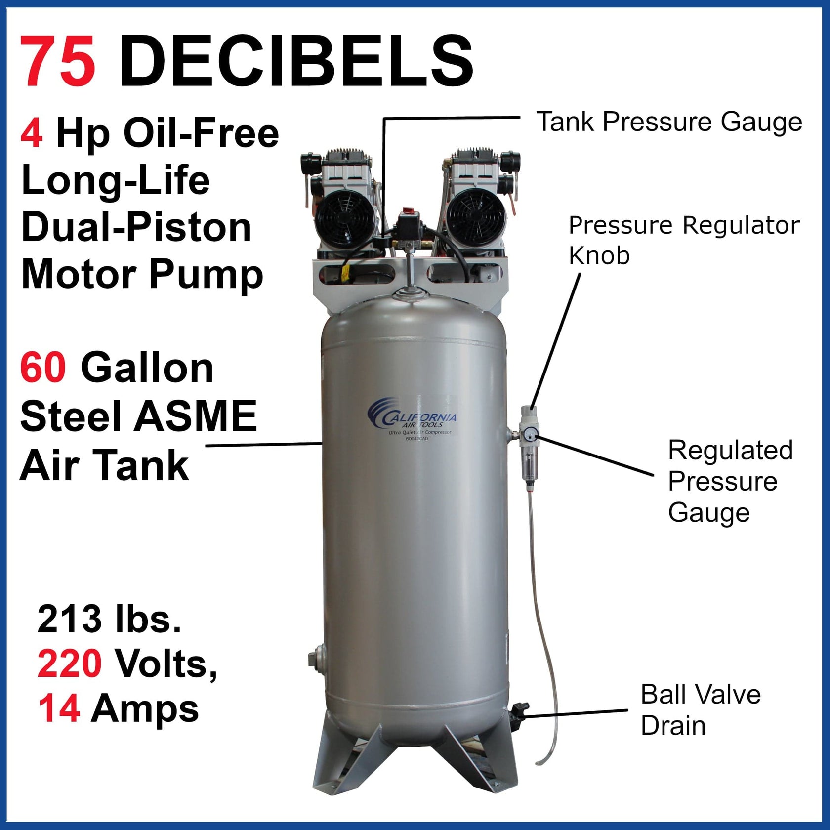 4HP 60 Gallon Oil-Free Steel Tank Air Compressor with Auto Drain Valve ...